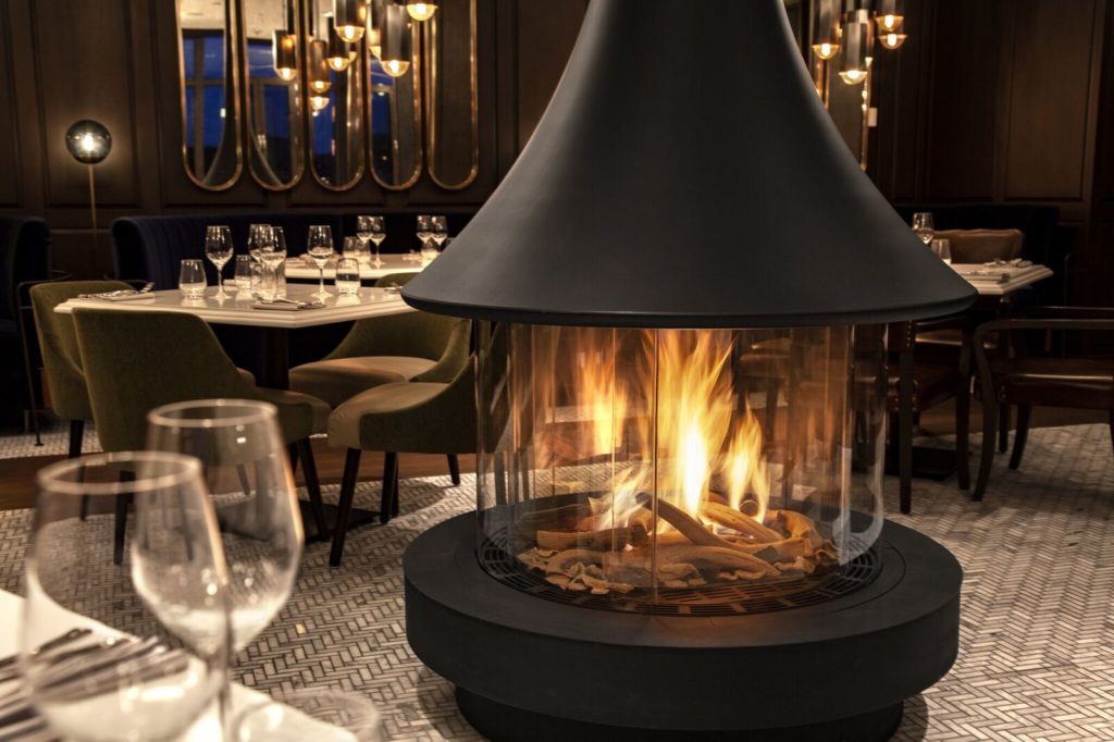 Ortal Modern Fireplace Graces Restaurant at Landmark Ski Hotel in Quebec